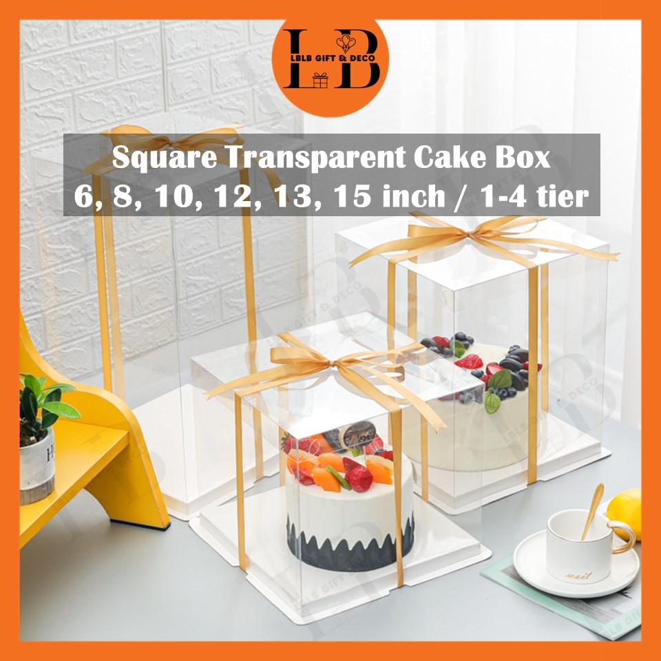 SQUARE Transparent Cake Box 6/8/10/12/13/15inch 1-5tier Extra Thick ...