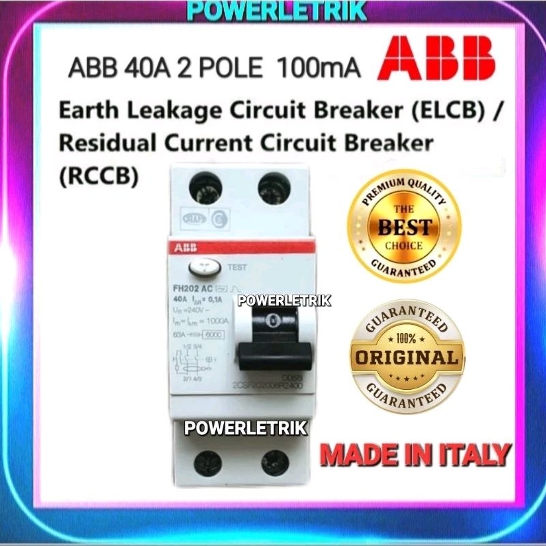 ABB FH202 AC 2 POLE 40A 100mA~(0.1) ELCB RCCB / ABB 2 POLE 40A 100mA RESIDUAL CURRENT CIRCUIT ...