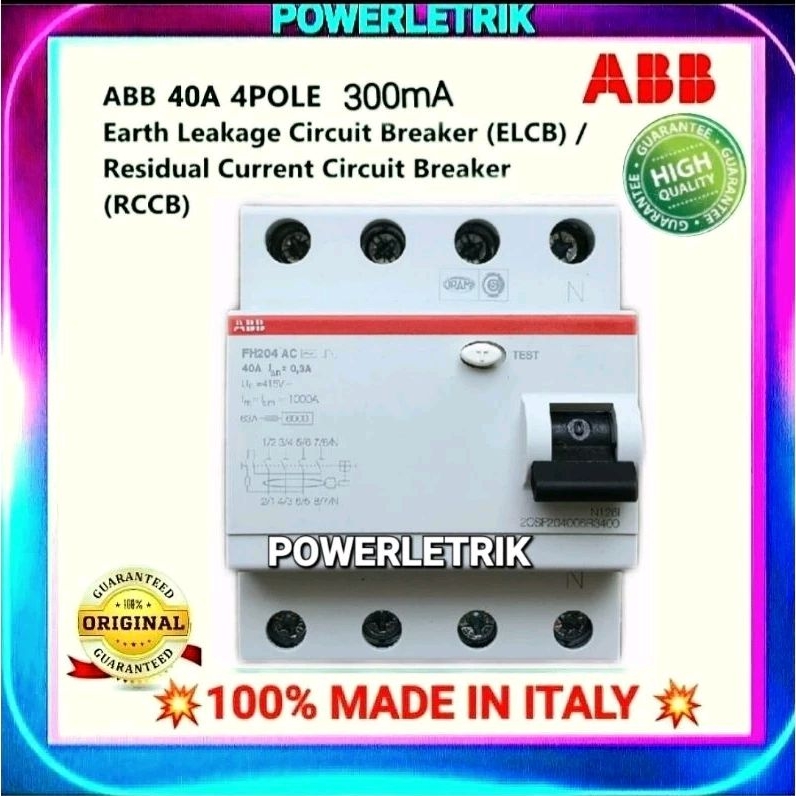🔥READY STOCK🔥 MADE IN ITALY ABB FH204 AC 40A 0.3~300mA SENSITIVITY 4 ...