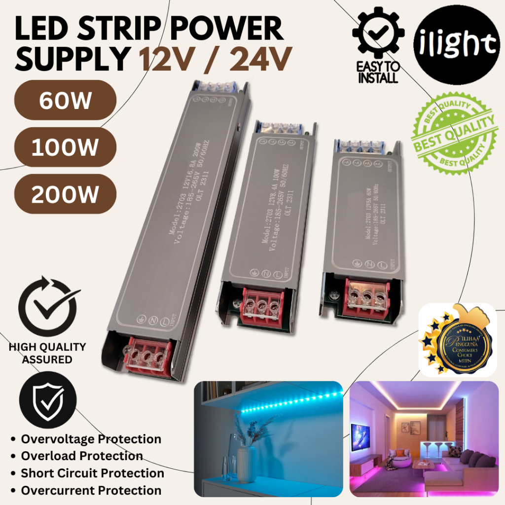 LED STRIP LIGHT POWER SUPPLY 12V 24V 60W / 100W / 200W SLIM LED DRIVER ...