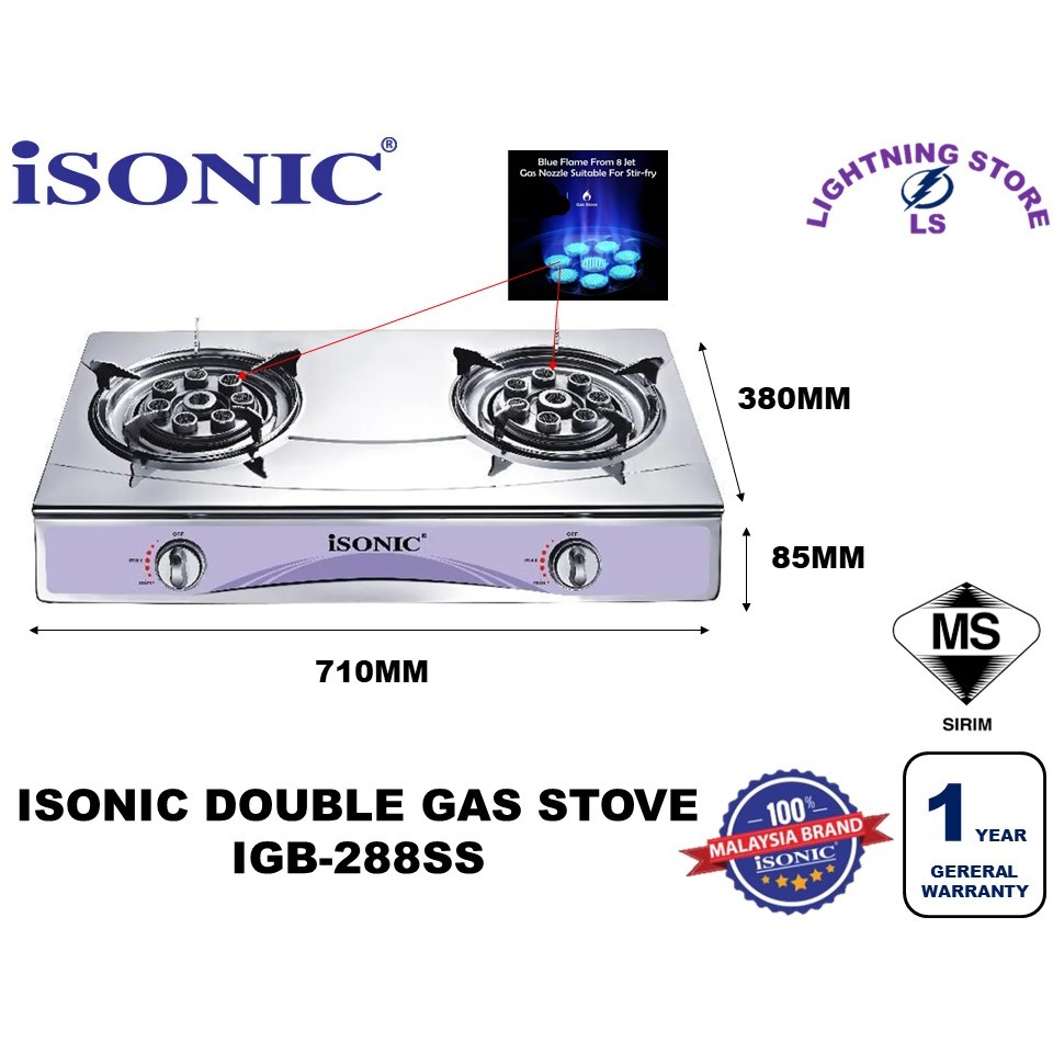 Isonic Stainless Steel Double Gas Stove IGB-288SS (8 JET BURNER)(4.3kW ...