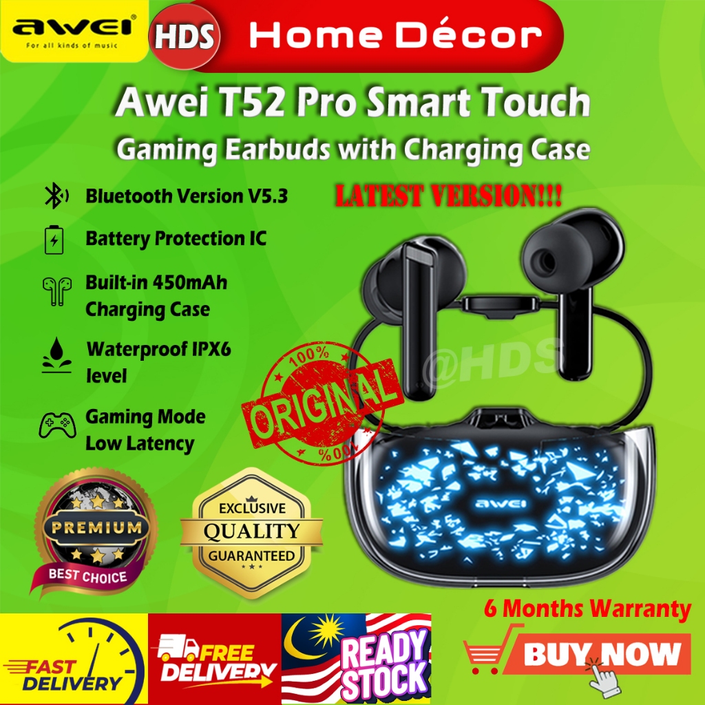 HDR Awei T52 Pro Wireless Earbuds TWS Bluetooth Earphones with RGB ...