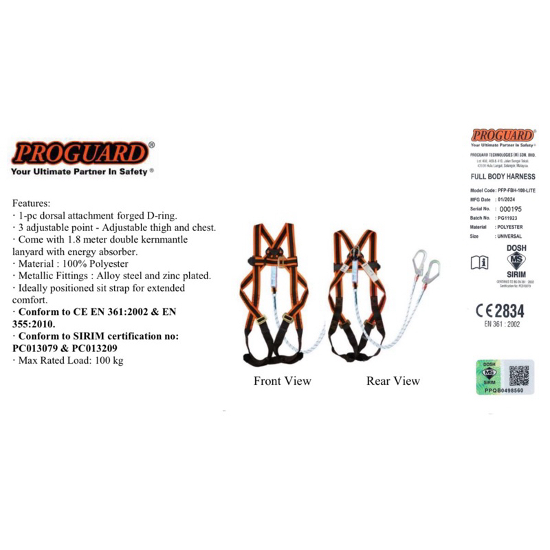 Proguard Full Body Double Big Hook Harness Lite 1 D-ring – Double ...