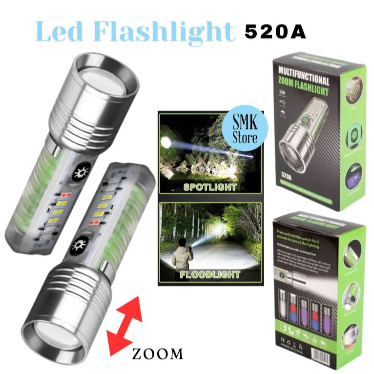 🔥Malaysia🔥 Multifunctional Zoom Led Flashlight 520A Model Super Bright ...