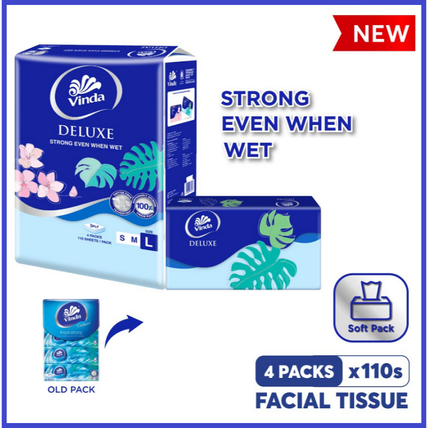 Vinda Deluxe Soft Pack Facial Tissue Large 3ply - 110's x 4 | Shopee ...