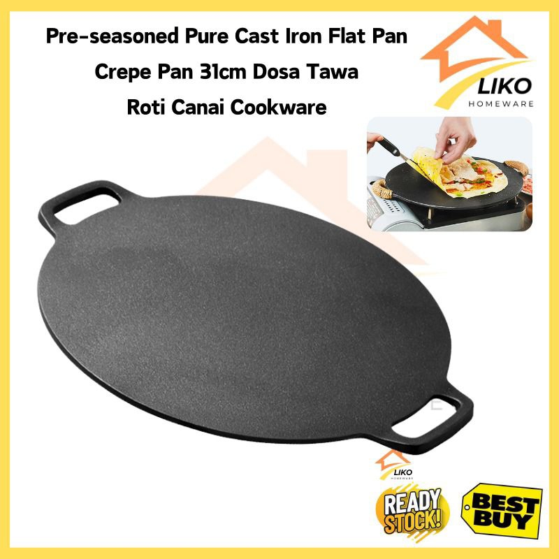 Pre-seasoned Pure Cast Iron Flat Pan Crepe Pan 31cm Dosa Tawa Roti ...