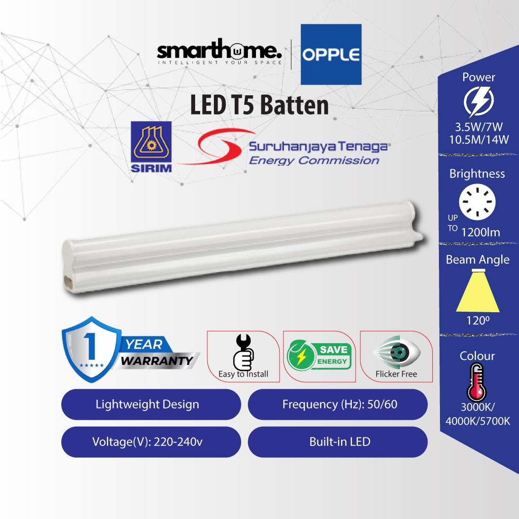 OPPLE LED Batten T5 (2020 Model) 3.5W/ 7W/ 10.5W/ 14W with SIRIM ...