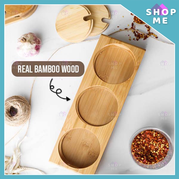 Seasoning Bottle Bamboo Tray 3 Holes Wooden Organizer Condiment Jar ...