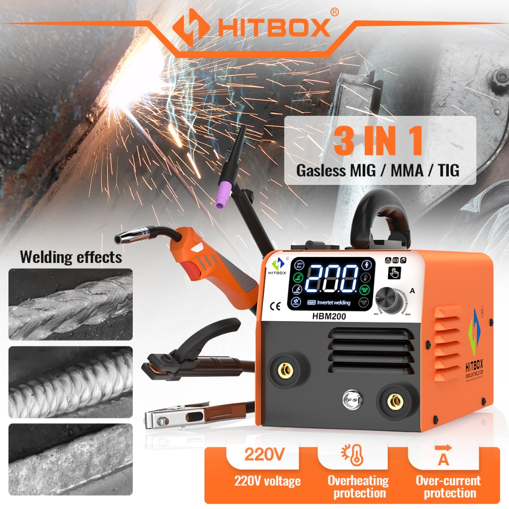 HITBOX MIG Welding Machine Gasless MIG/MMA/TIG 3IN1 Inverter IGBT Welder Portable Welding Set ...