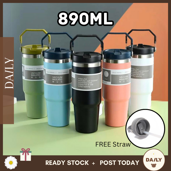 🐻DAILY🐻 890ml 304 Stainless Steel Tumbler With Straw Thermos Bottle Botol Air Termos Flask 不锈钢 ...