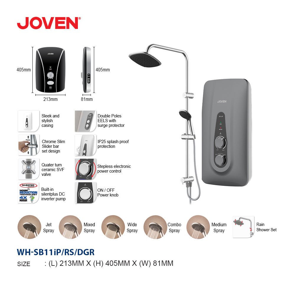 Joven SB11iP-RS Instant Silent Water Heater With DC Motor Booster Pump Rain Shower Energy Save ...