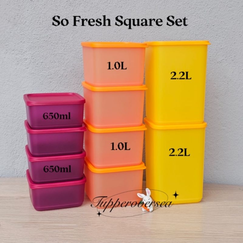 Tupperware So Fresh Square Set (650ml / 1.0L / 2.2L ) - Yellow / Maroon ...