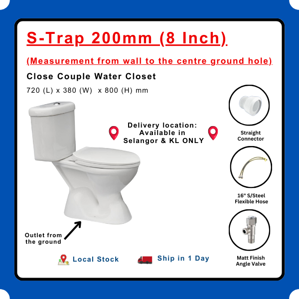 8 Inch 200mm S-Trap Water Closet WC Toilet Close Coupled Tandas Duduk ...