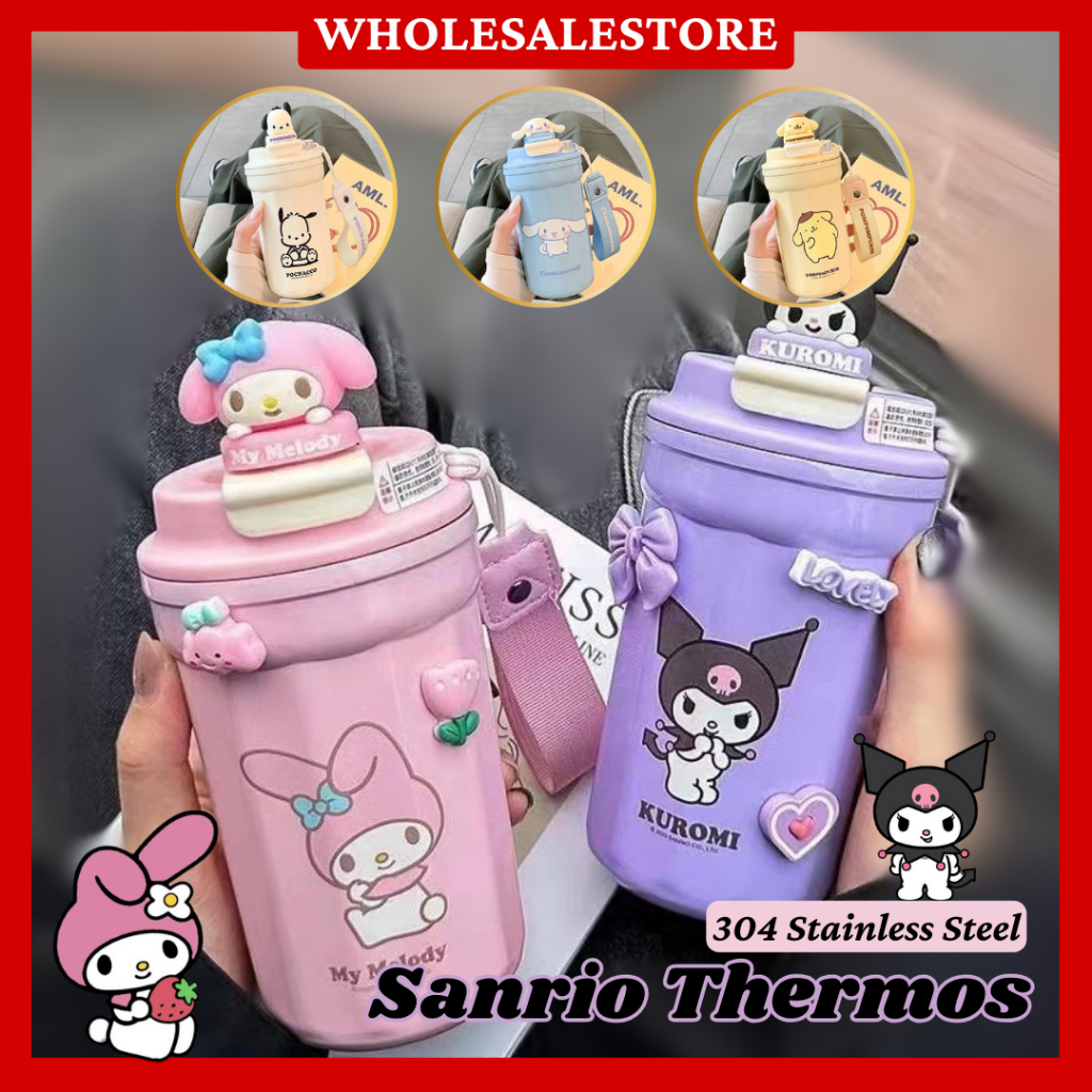Sanrio Kuromi Thermos Coffee Cup Strap Handle Korean Tumbler Ins Vacuum Insulated Stainless ...