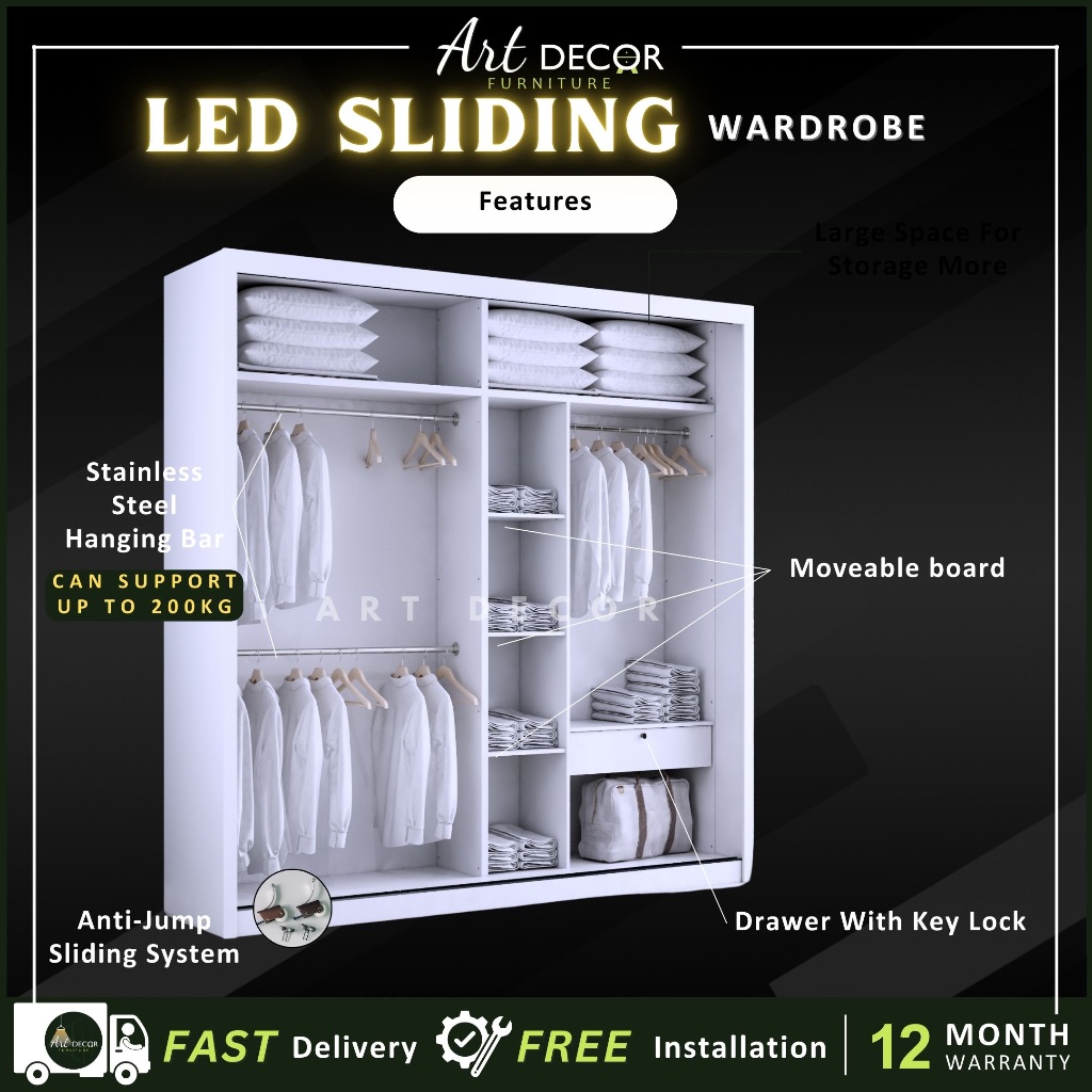 [FREE INSTALL] Almari Baju Full Glass Cermin with LED Light /Mirror ...