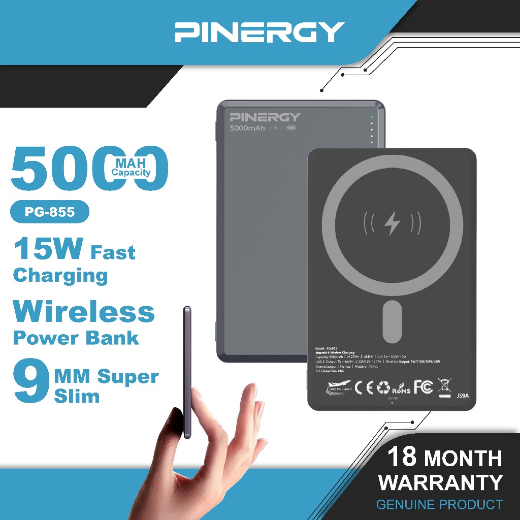 PINERGY PG-855 Thin and Light Slim Magnet Magnetic Wireless 15W Fast Charge PD20W Powerbank ...