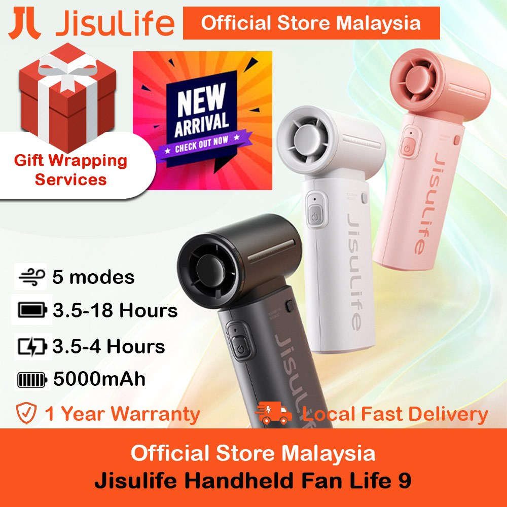 Jisulife Handheld Fan Life 9 5000mAh Air Turbo Strong 5 Speed Modes ...