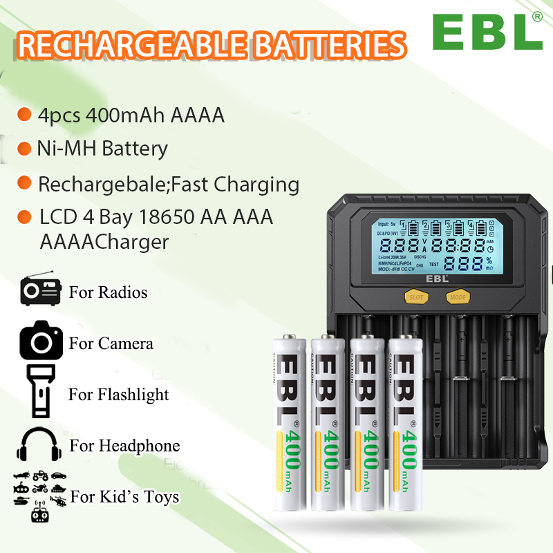 EBL 4pcs 400mAh Ni-MH AAAA Rechargeable Battery Fast Charging With 4 ...