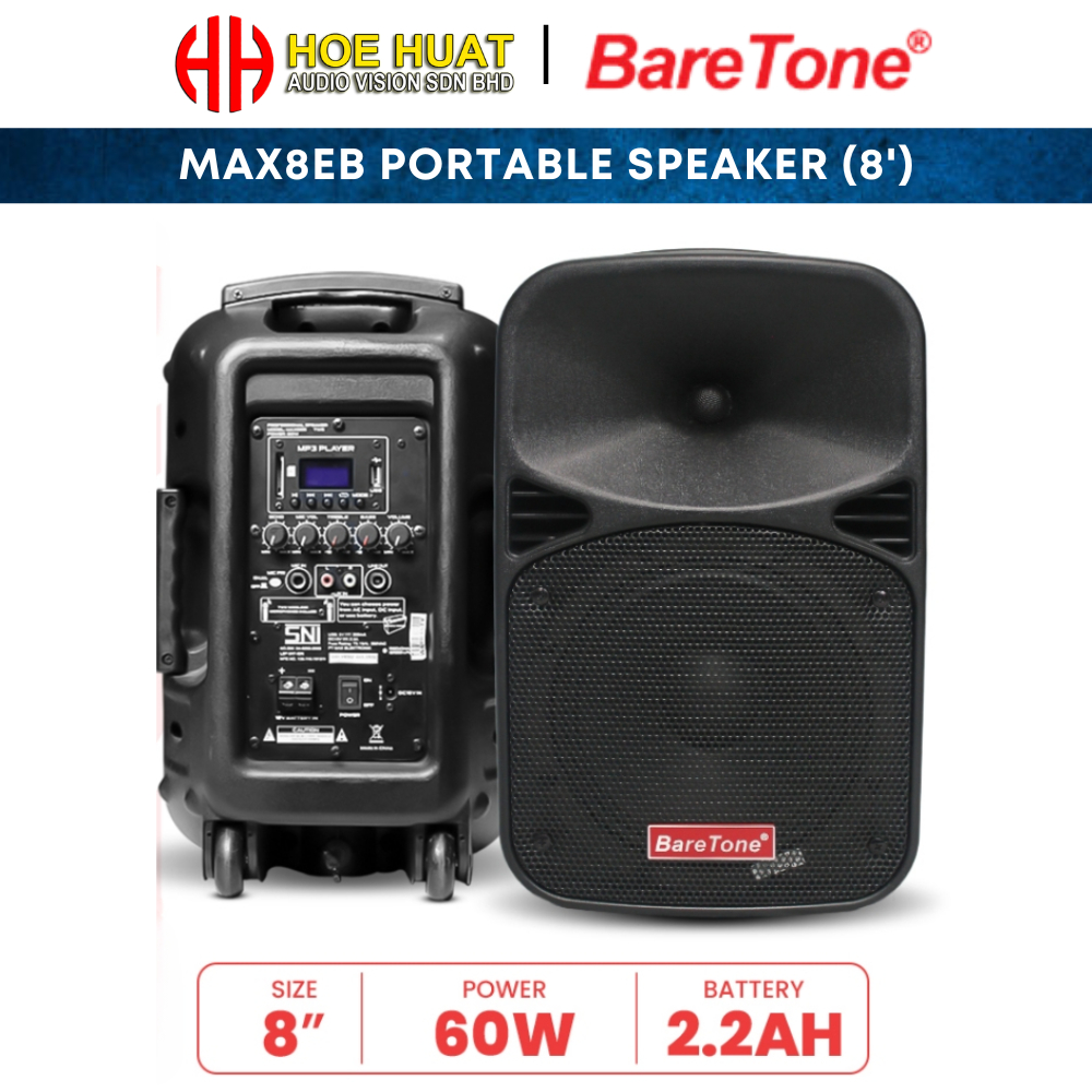BareTone MAX8EB Portable Speaker 60w 8 Inch Support Micro SD & USB ...