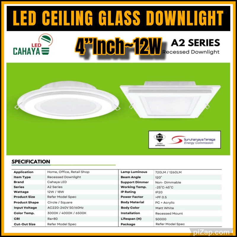 🇲🇾🔥[SIRIM]CAHAYA & JSE🔥LED Glass Ceiling Downlight 12W~4”Inch, Round ...