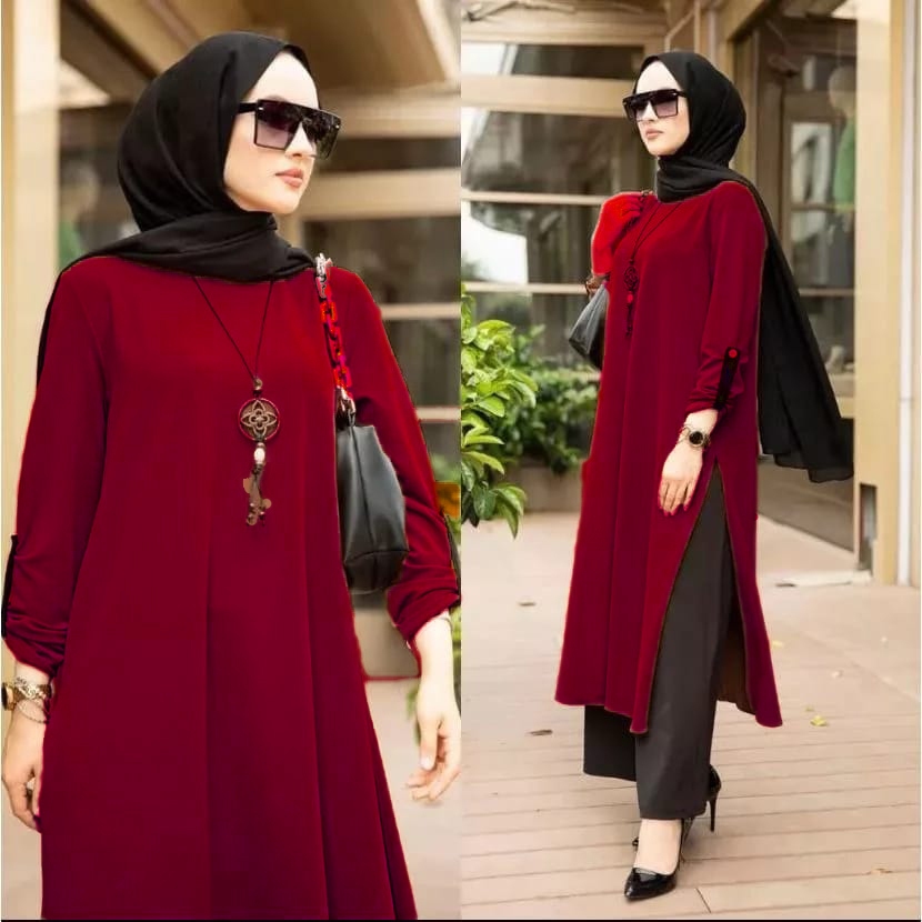 Women Long Shirt Blouse Solid Color Baju Perempuan Style Round Neck ...