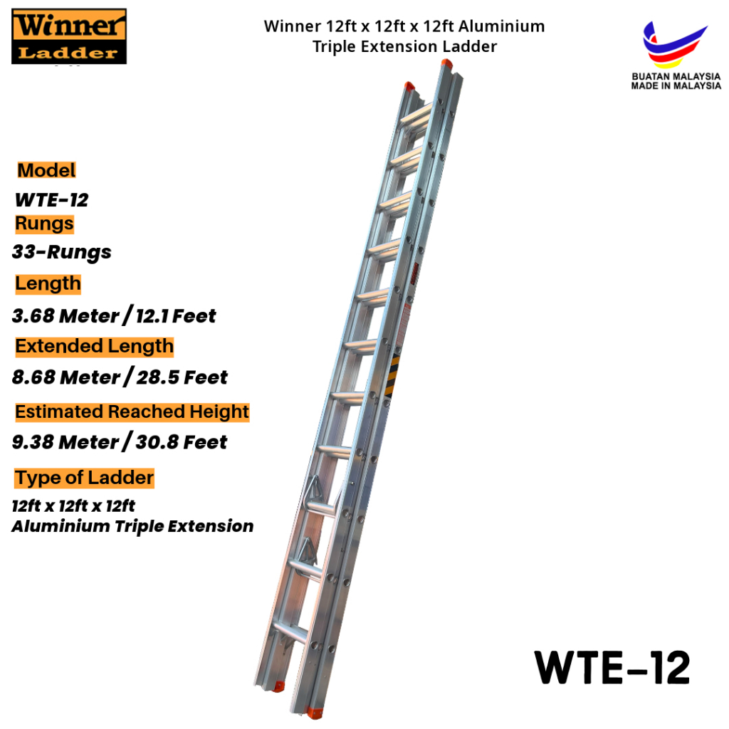 Winner Ladder 12ft x 12ft x 12ft Triple Extension Aluminium Ladder ...