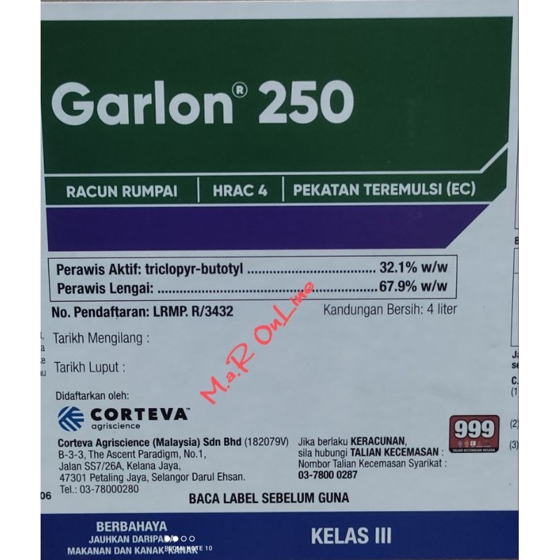 Garlon*250 4l DOW herbicide racun rumpai & anak pokok | Shopee Malaysia