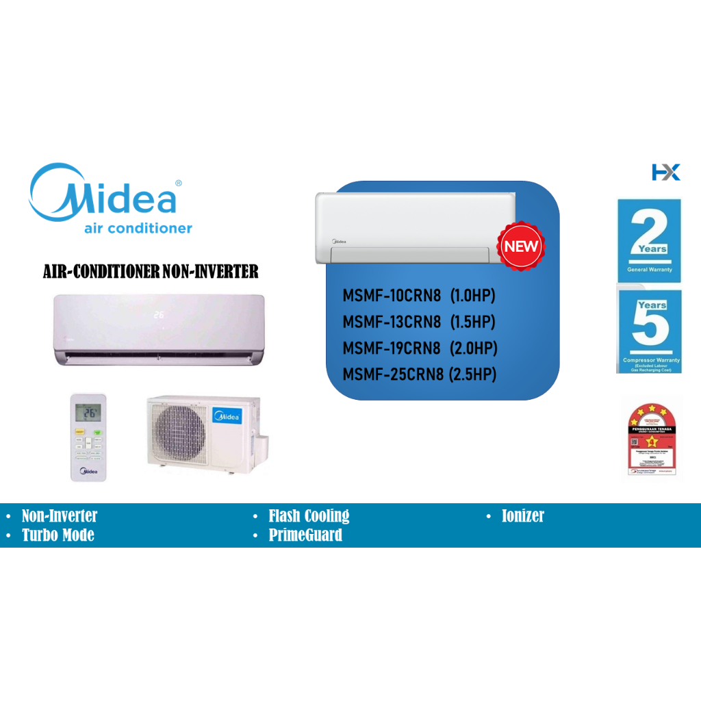 Midea New R32 1HP, 1.5HP, 2HP & 2.5HP - Non-Inverter Air Conditioner | Shopee Malaysia