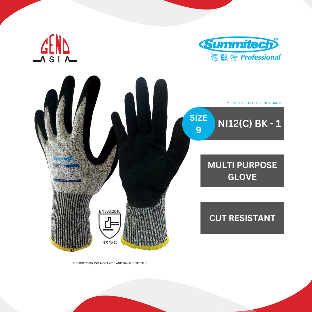 Summitech Multipurpose Anti Cut Gloves 𝐍𝐈𝟏𝟐(𝟑) 𝐁𝐊-𝟏 - SIZE 9 ...
