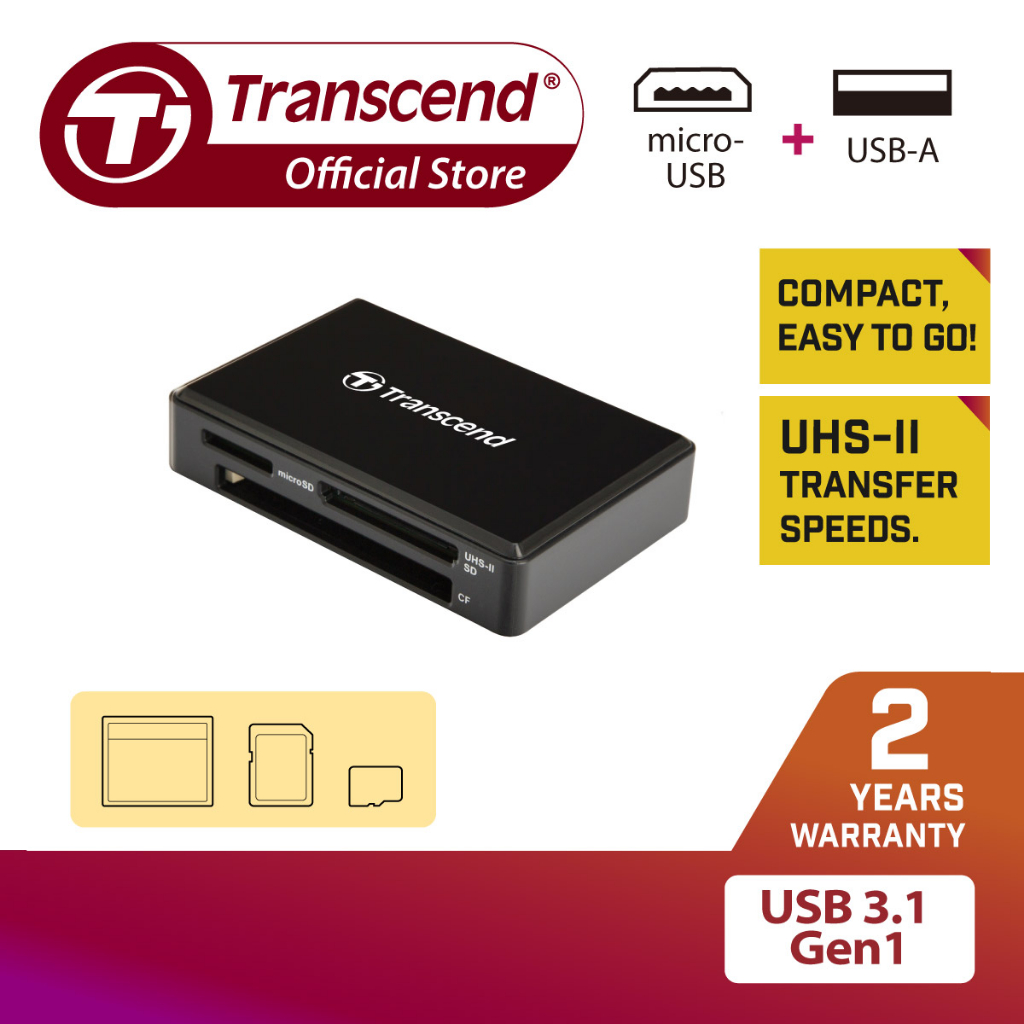 Transcend RDF9 Card Reader SD/microSD/CF | USB 3.1 microUSB to Type A ...