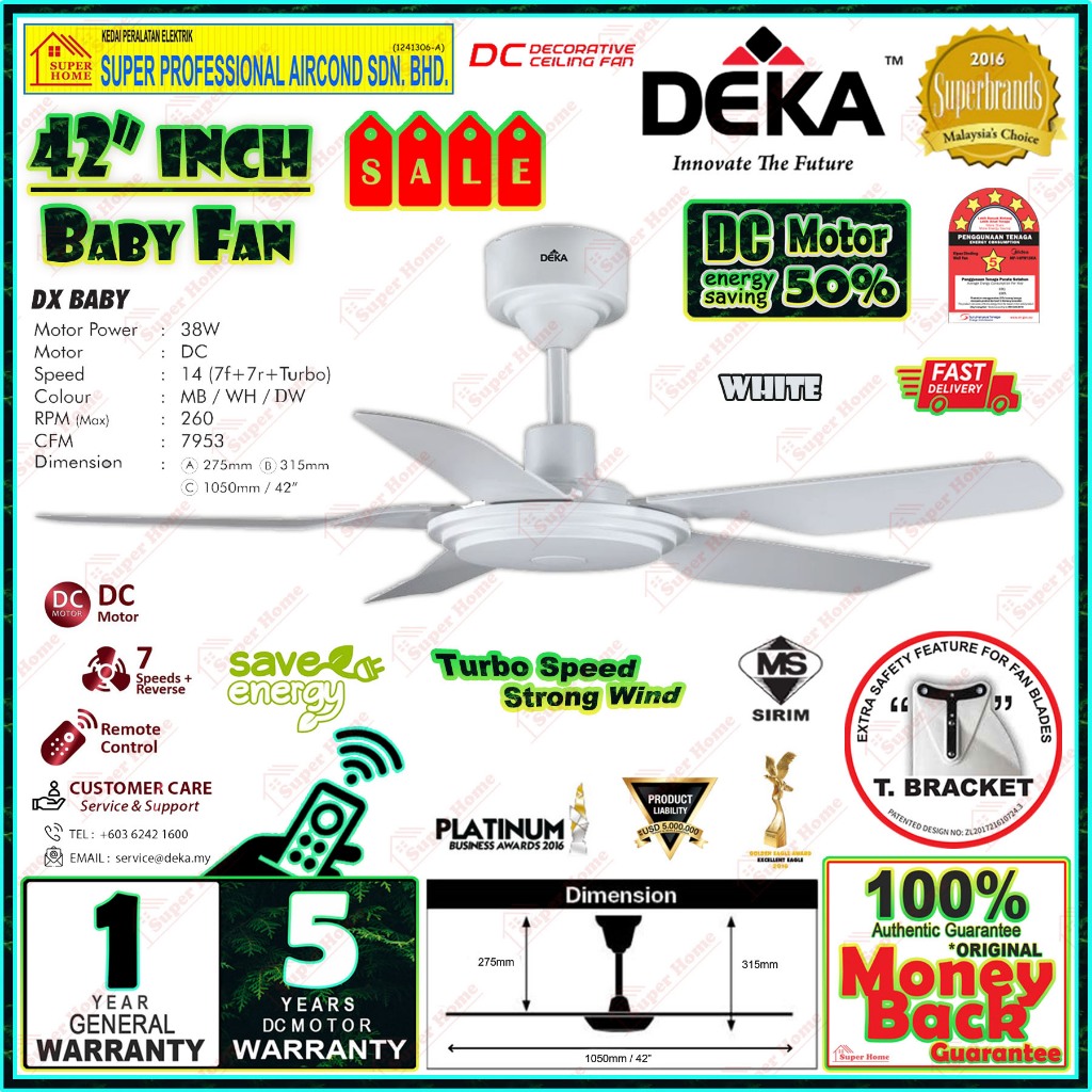 Deka Baby Fan DX Baby White ((42 inch)) DC Motor Ceiling Fan With ...