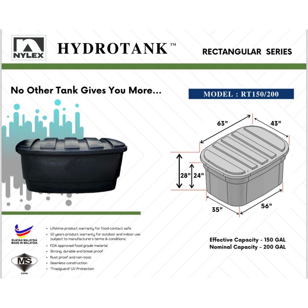 RT 200G NYLEX POLY WATER TANK (63" X 43" X 27.5") [ RT150/200 ] KLANG ...