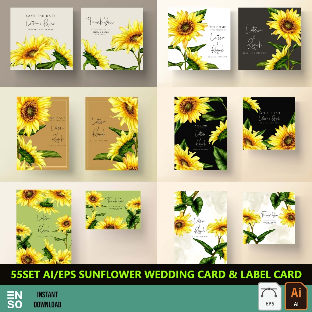 55-Set AI/EPS Format Sunflower Wedding Card & Label Card Design ...