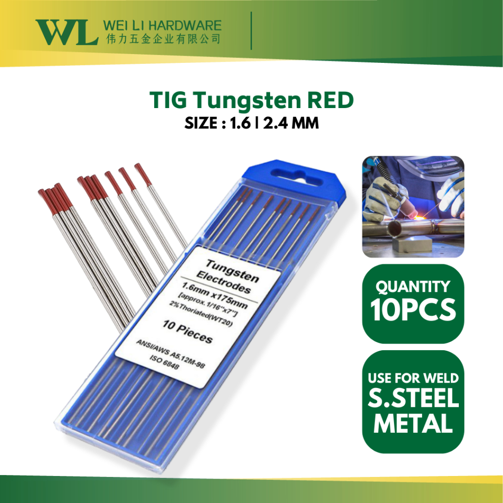 10PCS Tungsten RED for S.steel & Metal 1.6mm / 2.4mm use on TIG Welding ...