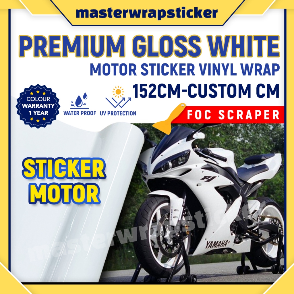 PREMIUM GLOSSY WHITE STICKER MOTOR(152CM-90CM)stiker MOTO PUTIH ...