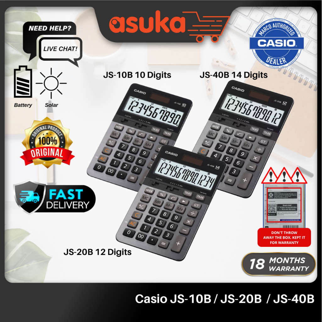 CASIO JS-10B 10 Digits / JS-20B 12 Digits / JS-40B 14 Digits Compact Desk Type Heavy Duty ...