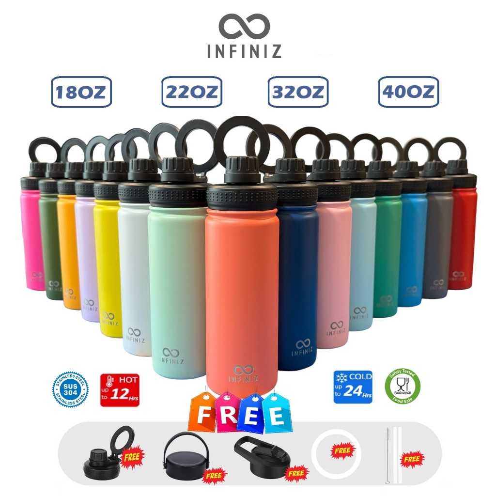 INFINIZ 3 Lids MagSafe Insulated Water Bottle - Stainless Steel ...