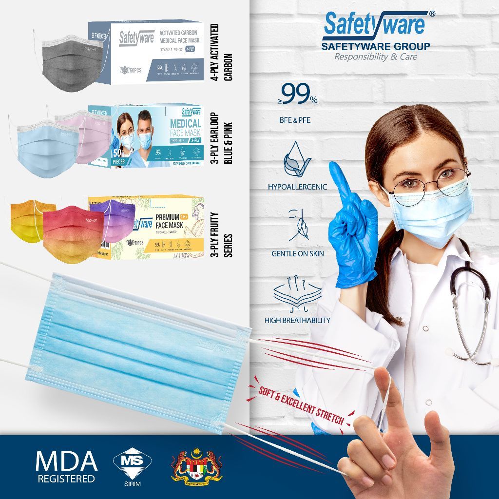 50 pcs | Plastic Bag | Harga Borong | SAFETYWARE Earloop Medical Mask ...