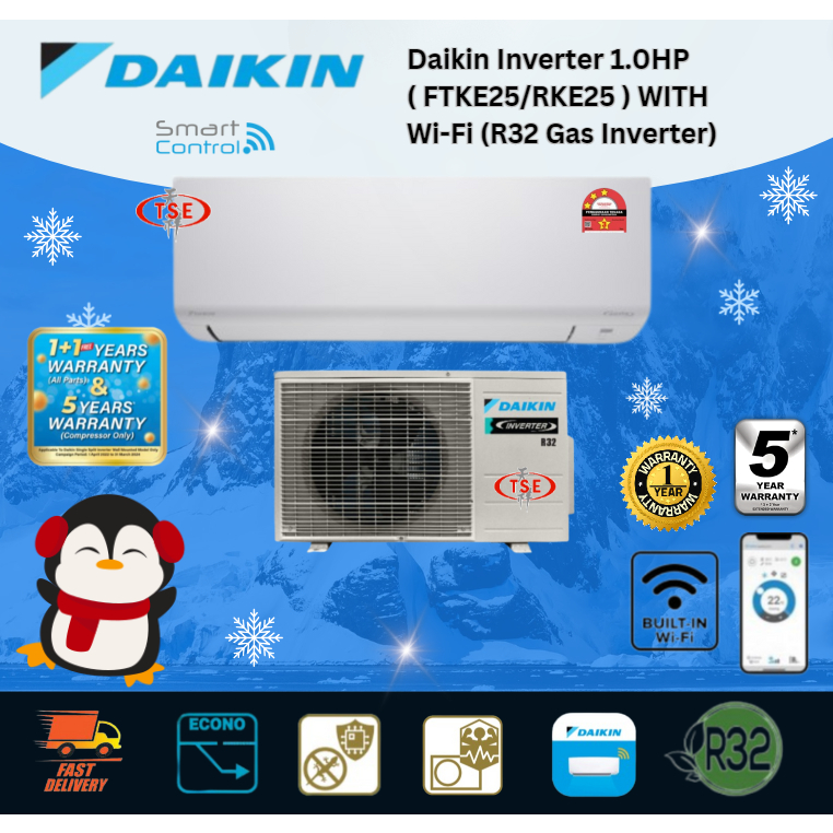 Daikin ( FTKE25/RKE25 ) 1.0HP wall type air-con in-door unit WITH Wi-Fi ...