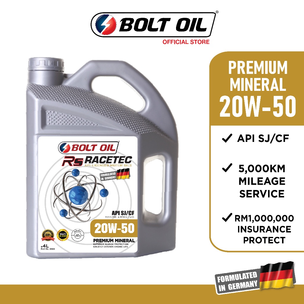 BOLT OIL 20W50 (4L) Premium Mineral SJ Engine Oil Car Lubricant Minyak Hitam Kereta Proton ...