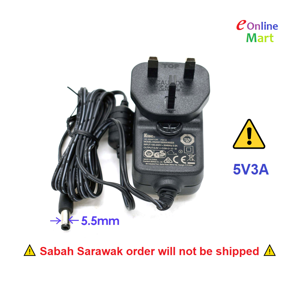 KTec 3-pin UK Plug AC Power Adapter DC 5V 3A/2A/1A (5.5mm x 2.5mm) only ...