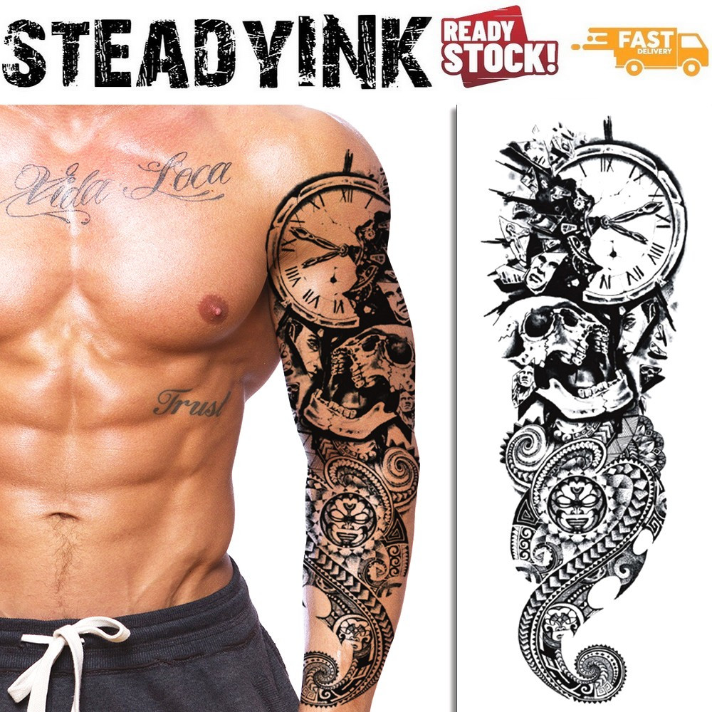 [𝚂𝚝𝚎𝚊𝚍𝚢𝙸𝙽𝙺] Full Sleeve Temporary Tattoo Sticker Tatu | Skull Maori ...