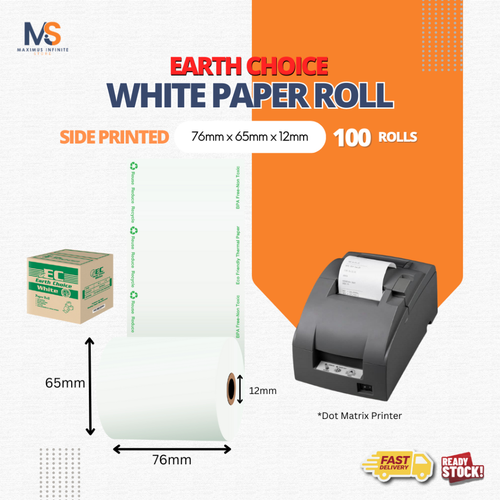 Earth Choice Woodfree Paper Roll 76mm x 65mm x 12mm (100 Rolls ...