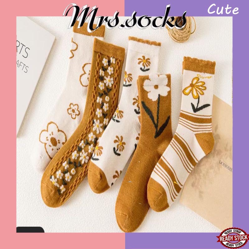 Mrs.socks Brown Flower Corak Ins Cute Sock Long Socks Women Stokin ...