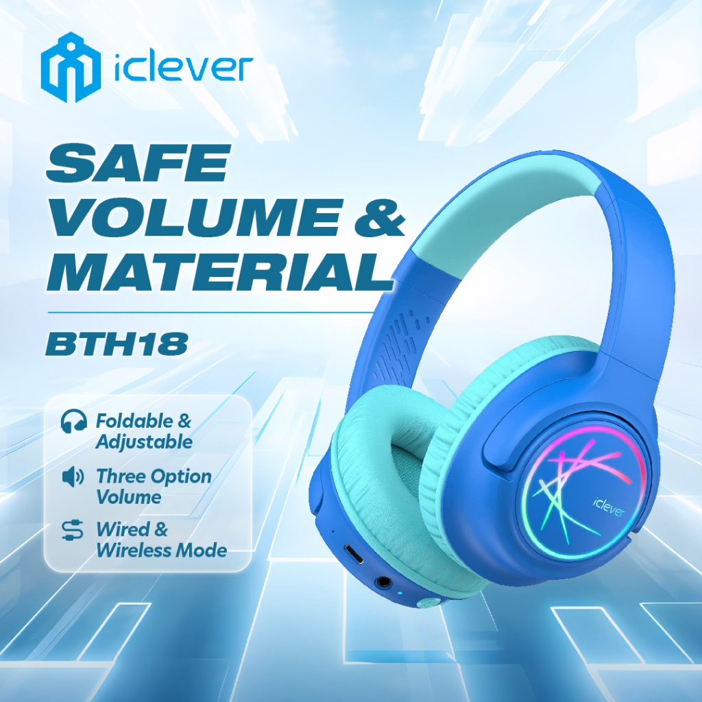 iClever BTH18 Kids Bluetooth Headphone with LED Lights, Safe Volume 74/85/94dB, 43H Playtime ...