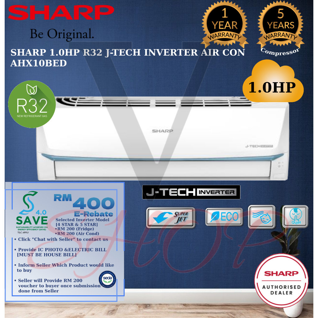 SHARP 1.0HP R32 J-TECH INVERTER AIR CONDITIONER AHX10BED || AUX10BED ...