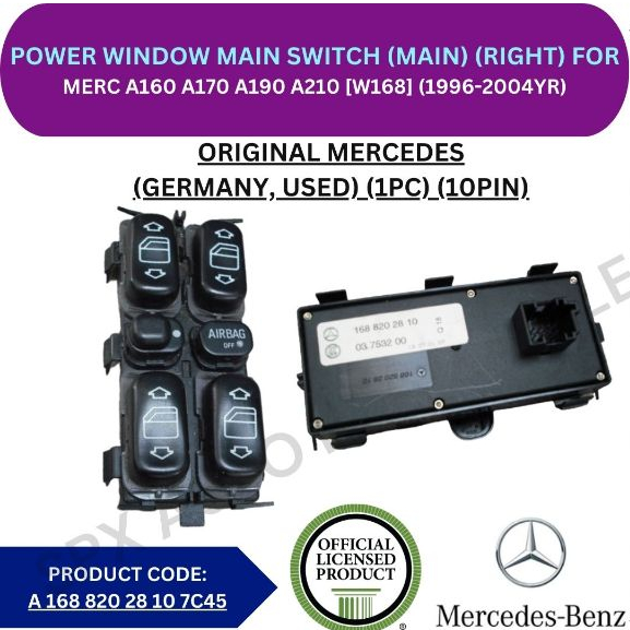 MERCEDES POWER WINDOW SWITCH (MAIN) (FRONT RIGHT) FOR MERC A160 A170 ...