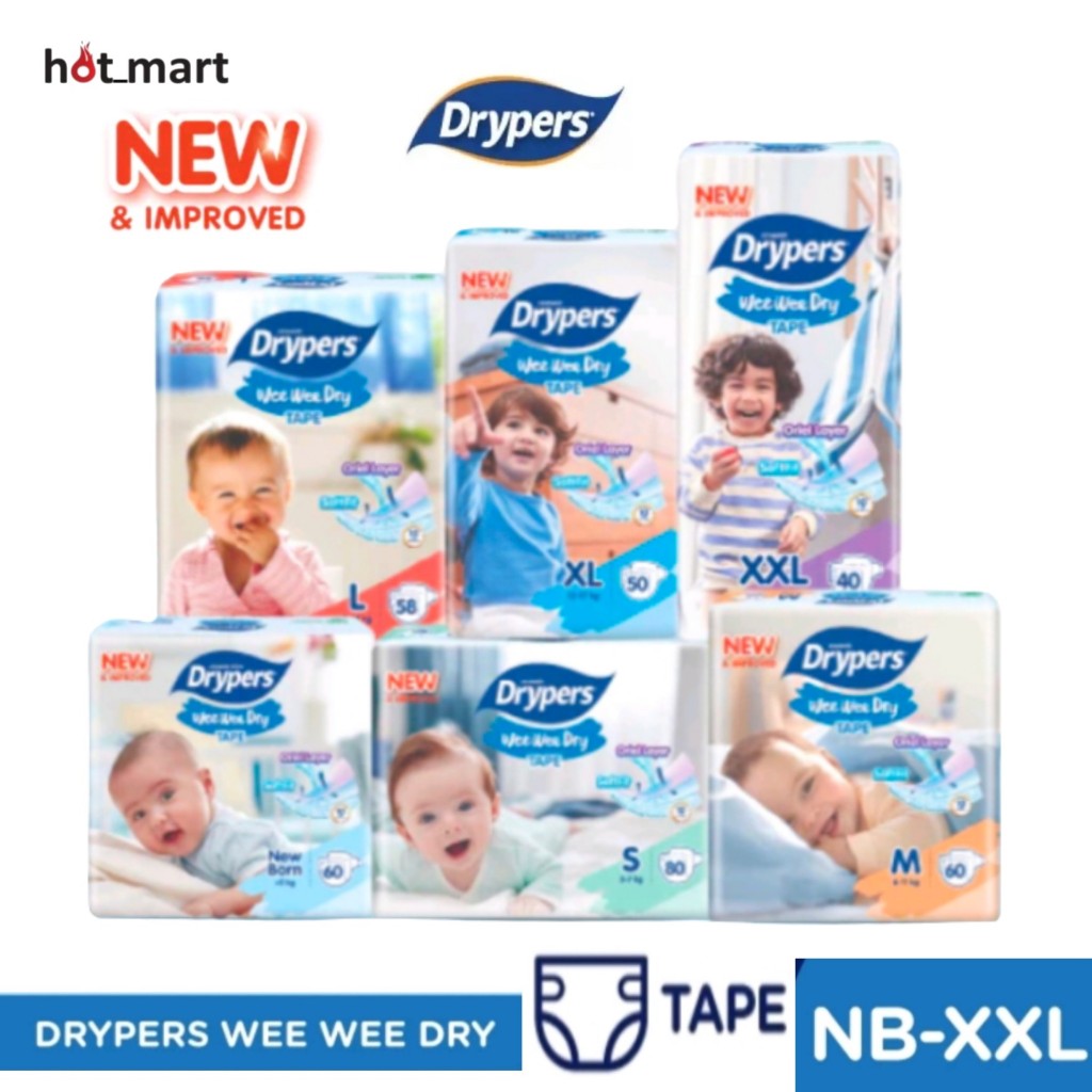 Drypers WeeWee Dry Newborn NB80/S80/M60/L58/XL50+4/XXL40 Tape Mega Pack ...
