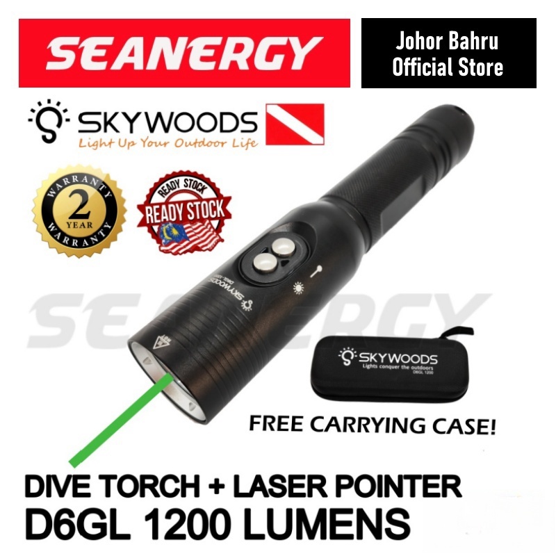 SKYWOODS D6GL 1200 Lumens Dive Torch and Laser Pointer for Scuba Diving Technical Underwater ...