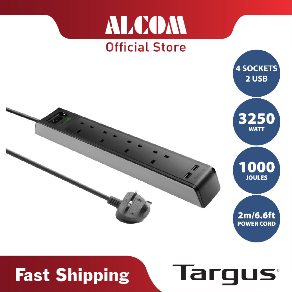 TARGUS APS10AP-70 Surge Protector with 2 USB Ports, 4 Surge, 2m Length ...